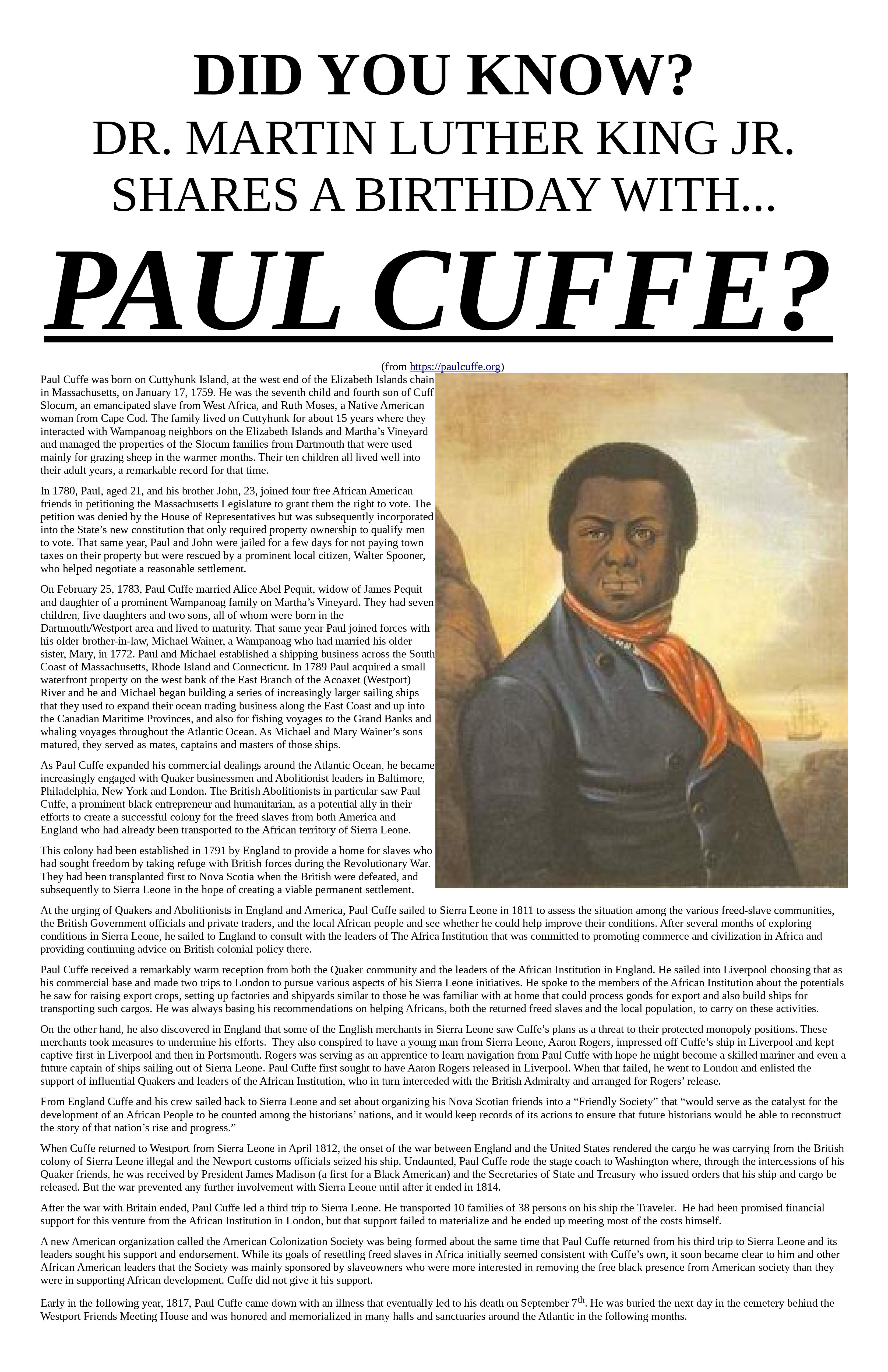 AAHM&CC CELEBRATES THE BIRTHDAYS OF MARTIN LUTHER KING, PAUL CUFFE ...